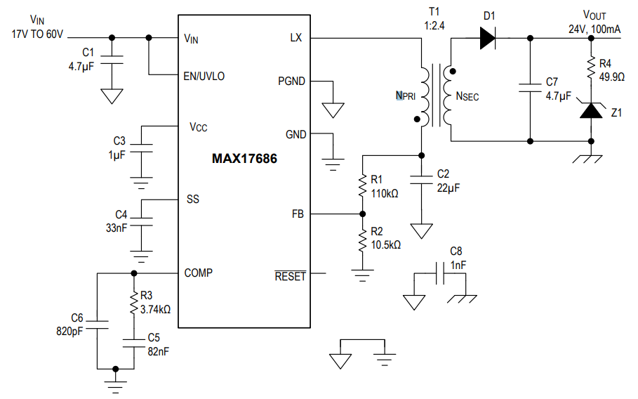 MAX17686 절연형 벅 DC-DC 컨버터 - Analog Devices / Maxim Integrated | Mouser