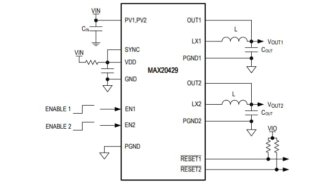 MAX20429 이중 6A 저전압 벅 컨버터 - Analog Devices / Maxim Integrated | Mouser